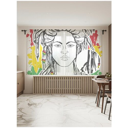 Тюль для кухни и спальни JoyArty "Девушка в стиле хиппи", 2 полотна со шторной лентой шириной по 145 см, высота 180 см.