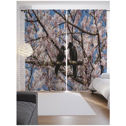 Фотошторы для кухни и спальни JoyArty "Вороны на цветущей ветке", 2 полотна со шторной лентой шириной по 145 см, высота 265 см