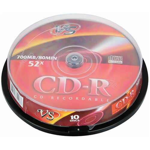 Диски CD-R VS 700 Mb 52x Cake Box (упаковка на шпиле), комплект 10 шт, VSCDRCB1001