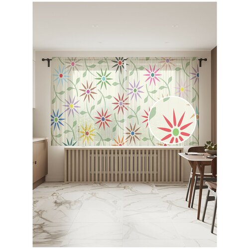 Тюль для кухни и спальни JoyArty "Цветочные полосы", 2 полотна со шторной лентой, 145x180 см.