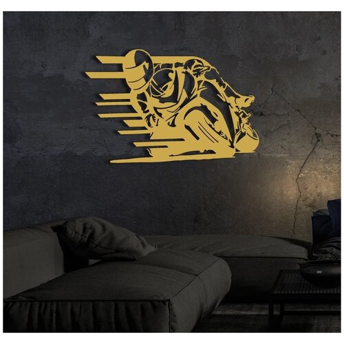 Панно из металла на стену, Декор на стену металлический Мотоцикл, мотогонки (золотой)