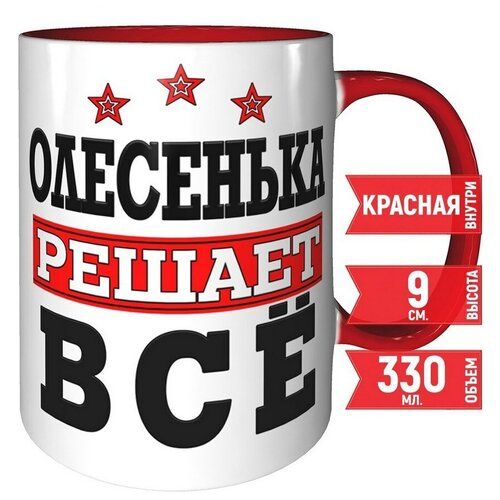 Кружка Олесенька решает всё - красная внутри и красная ручка.