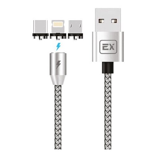 Кабель EXPLOYD EX-K-789 Кабель 3в1 USB - MICROUSB/8 PIN/TYPE-C 1М 2.1A MAGNETIC круглый нейлон серебро