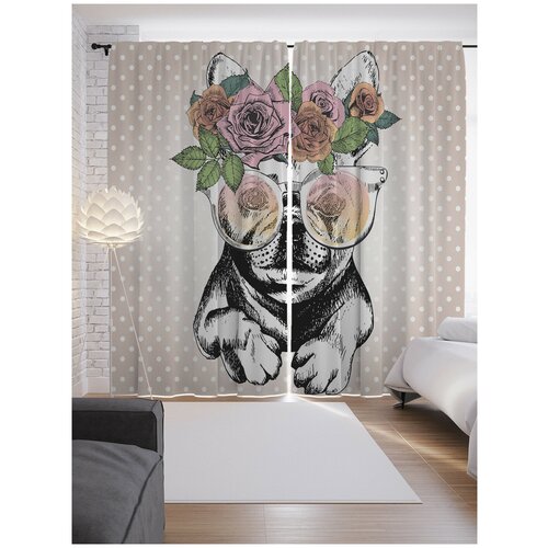 Фотошторы для кухни и спальни JoyArty "Смешная собака с венком роз", 2 полотна со шторной лентой шириной по 145 см, высота 265 см