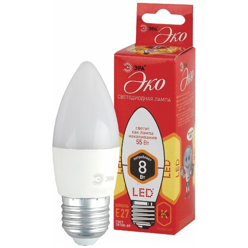 Лампа светодиодная ЭРА, 8(55)Вт, цоколь Е27, свеча, теплый белый, 25000 ч, ECO LED B35-8W-2700-E27, Б0030020