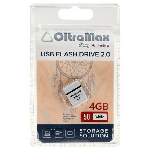 Флешка OltraMax 50, 4 Гб, USB2.0, чт до 15 Мб/с, зап до 8 Мб/с, белая