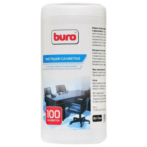 Салфетки Buro BU-Tsurl для пластиковых поверхностей и офисной мебели туба 100шт влажных 12 шт.