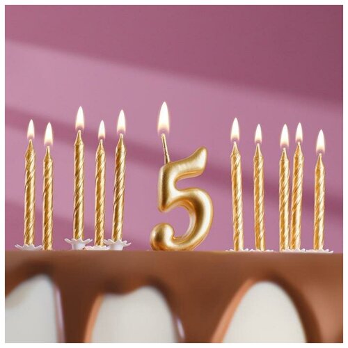 Набор свечей для торта (2 в 1) золотая Цифра "5" + Свечи "С Днём Рождения" золотые 10 шт