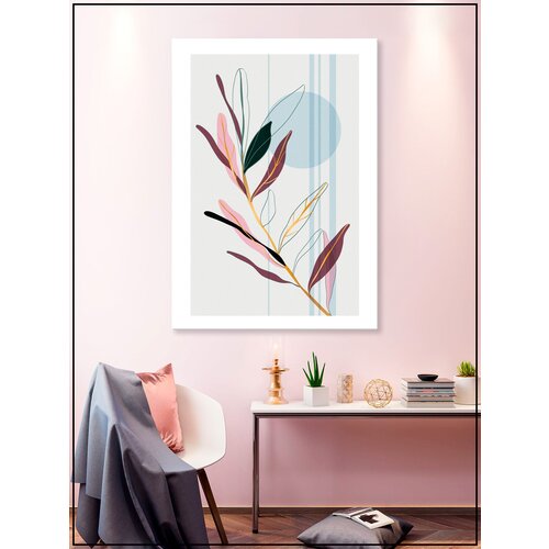 Картина для интерьера на натуральном хлопковом холсте "Абстракция с тропическими листьями", 55*77см, холст на подрамнике, картина в подарок
