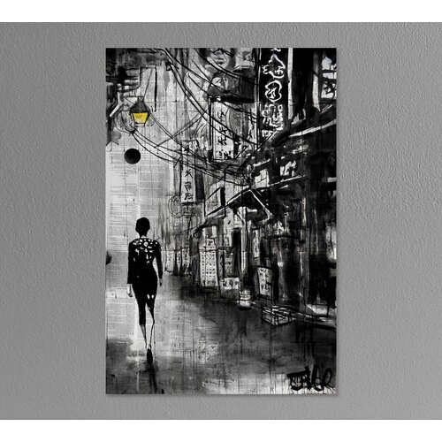 Картина для интерьера "Прогулка по китайскому городу…" Луи Джовера 40х60 см. натуральный холст. Коллекция - нуар, черно-белая, графика, иллюстрация.