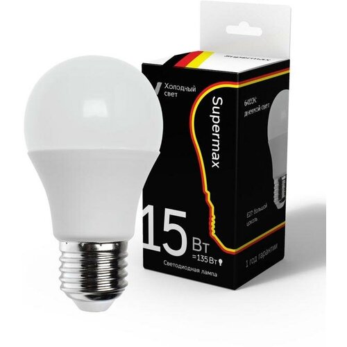 Лампа светодиодная Supermax стандарт А60 15Вт цоколь E27 230В цветность 6400К | код. Sup_LED15wA60E2764 | космос (2шт. в упак.)