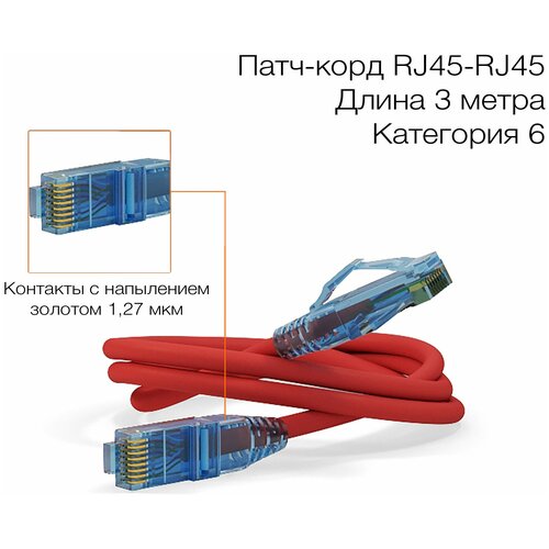 Патч-корд Hyperline U/UTP, сетевой кабель Ethernet Lan для интернета, категория 6, витой, 100% Fluke, LSZH, 3 м, красный