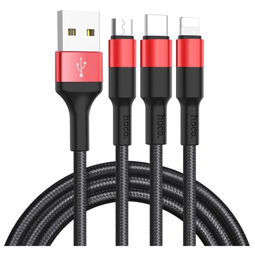 Кабель USB HOCO X26 Xpress 3 в 1 для Lightning, Micro USB, Type-C, 2.0A, 1 м, черный с красным