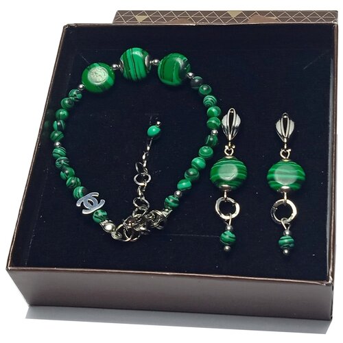 Комплект бижутерии AV Jewelry: серьги, браслет, малахит, гематит, размер браслета 18 см, размер колье/цепочки 38 см, зеленый