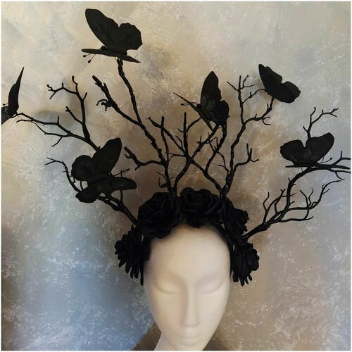 Женская корона Ободок для волос женский для фотосессии, маскарада фестиваля Хэллоуин Корона с черными цветами розами ветками бабочками Фотореквизит