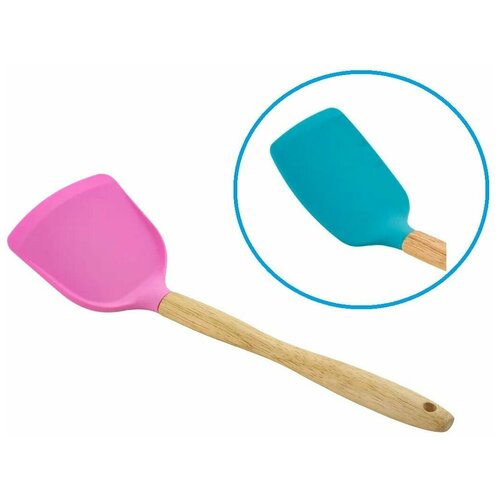 Лопатка кухонная/ 32 х 9,3 см / Лопатка силиконовая широкая с деревянной ручкой, цвет голубой