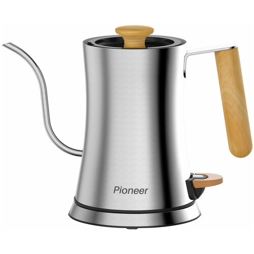 Электрический чайник Pioneer из нержавеющей стали с деревянной ручкой, 0,6 л, LED индикация, автоотключение при закипании и снятии с базы, 1800 Вт