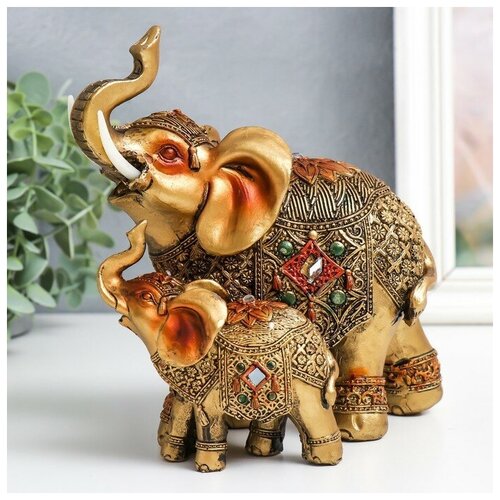 Сувенир полистоун "Слониха и слонёнок в попоне с цветком" бронза 15х12,5х17,5 см
