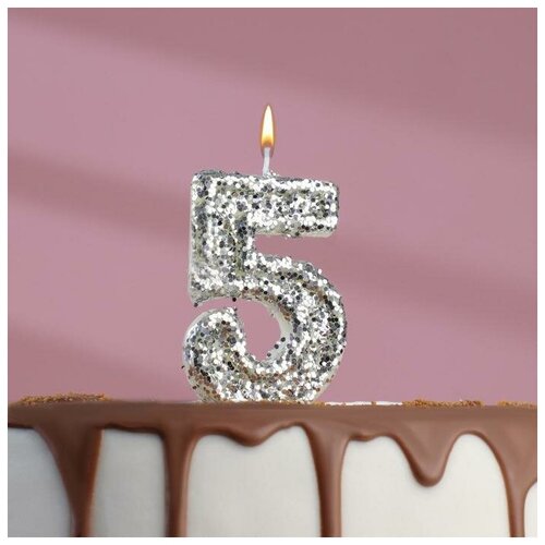 Свеча в торт «Блестки», цифра "5", серебро, 6.5х4