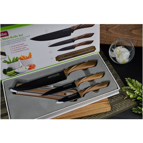 Набор кухонных ножей 4 предмета (3 ножа + магнитная полоса) 5167