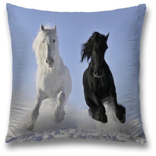 Наволочка декоративная на молнии, чехол на подушку JoyArty "Черная и белая лошадь" 45х45 см