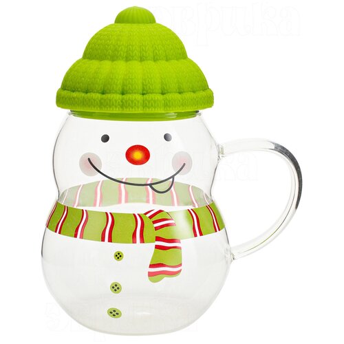 Кружка стеклянная Снеговик зеленый 450 мл, кружка с крышкой новогодняя, подарочная, символ года