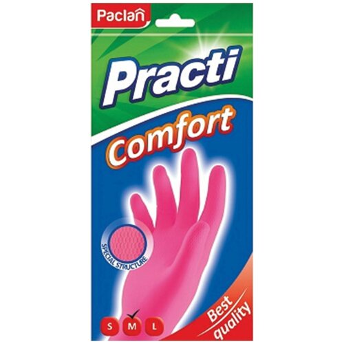 Комплект 3 шт. Перчатки хозяйственные латексные, хлопчатобумажное напыление, размер M (средний), розовые, PACLAN Practi Comfort