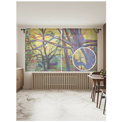 Тюль для кухни и спальни JoyArty "Зачарованные леса", 2 полотна со шторной лентой шириной по 145 см, высота 180 см.