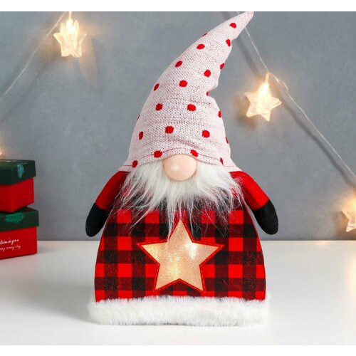 Кукла интерьерная свет "Дед Мороз в клетчатом кафтане, колпак в горох, звёздочка" 41х24х6 см 75679