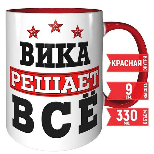 Кружка Вика решает всё - красный цвет ручка и внутри кружки.