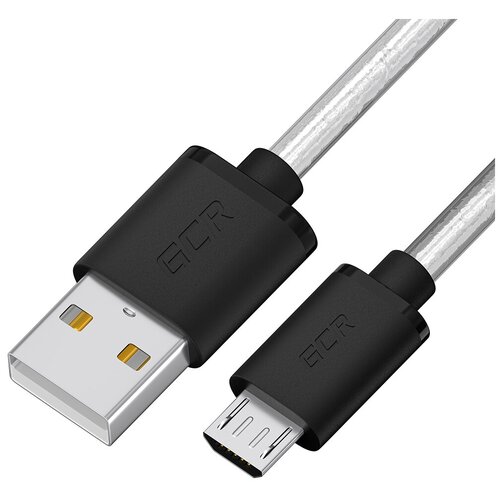 GCR Кабель 1.0m MicroUSB, прозрачный, черные коннекторы, быстрая зарядка, 28/24 AWG