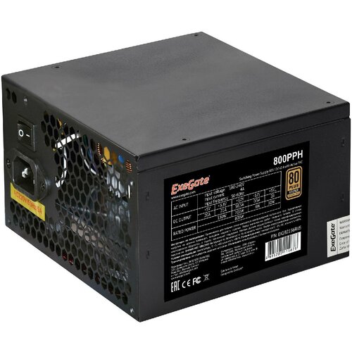 Блок питания EXEGATE 80 PLUS® Bronze 800PPH-OEM (ATX, APFC, КПД 89% (80 PLUS Bronze), 12cm fan, 20+4pin, 2x(4+4)pin, 4xPCI-E, 8xSATA, 4xIDE,