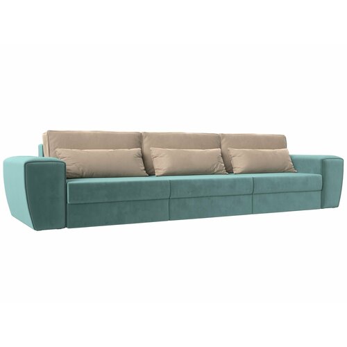 Прямой диван-кровать Лига-008 Long, Велюр бирюзовый, подушки бежевые