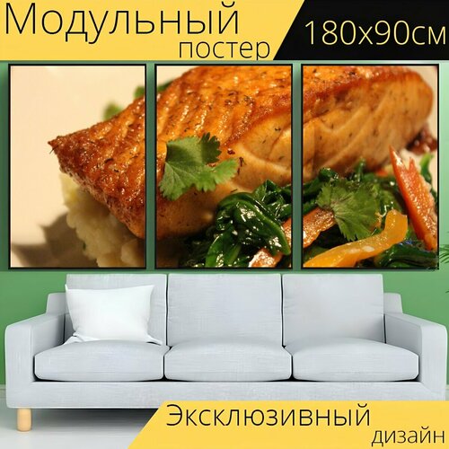 Модульный постер "Блюдо из лосося, еда, ресторан" 180 x 90 см. для интерьера