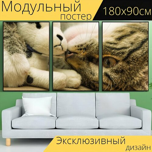 Модульный постер "Кот, игрушка, плюшевая собака" 180 x 90 см. для интерьера
