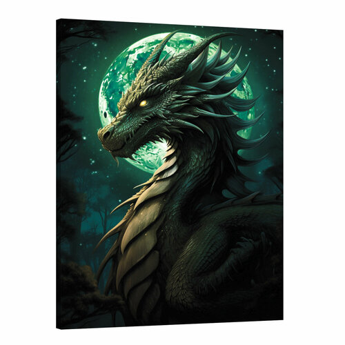 Интерьерная картина 50х70 "Зеленый деревянный дракон в лунном свете"