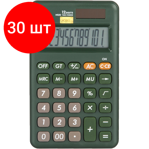Комплект 30 штук, Калькулятор карманный Deli EM120.12-р, дв. пит, 118x70мм, зеленый
