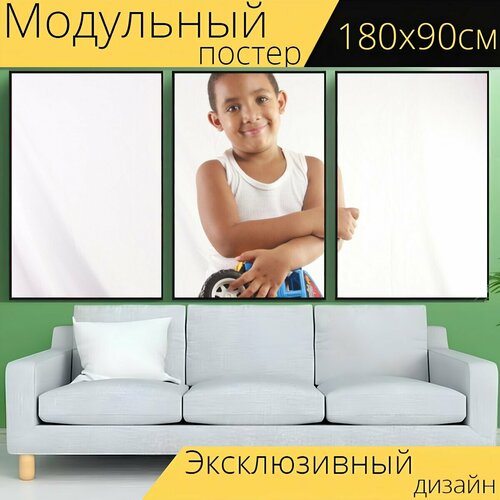 Модульный постер "Ребенок, игрушка, улыбка" 180 x 90 см. для интерьера