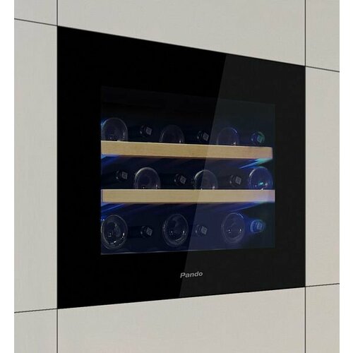 Встраиваемый винный холодильник Pando PVMAVP 45-18CRR, однокамерный, черное стекло, правое открытие, высота 45 см, вместимость 18 бутылок, LED-освещение