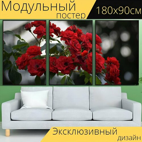 Модульный постер "Красные розы, цветущий, темный готический настроение" 180 x 90 см. для интерьера
