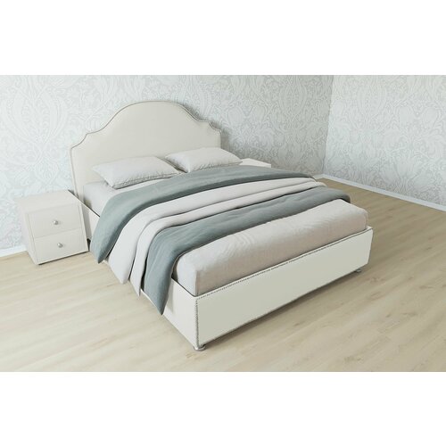 Двуспальная кровать Мария 160x200 с подъемным механизмом и с коробом для белья велюр белый ножки 5 см