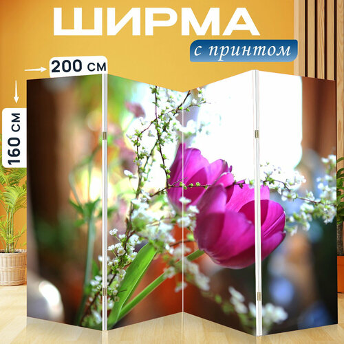Ширма перегородка с принтом "Цветок, ваза, натюрморт" на холсте - 200x160 см. для зонирования, раскладная