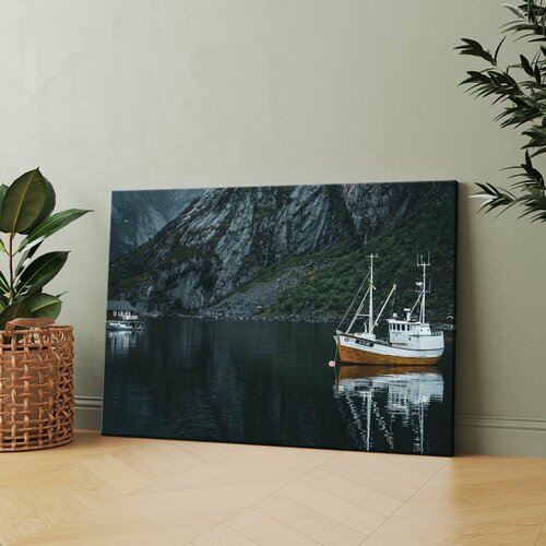Картина на холсте (Лодка пришвартована в небольшой гавани) 30x40 см. Интерьерная, на стену.