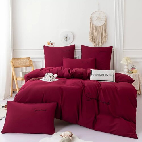 Комплект постельного белья Ситрейд однотонный сатин вышивка на резинке CHR, 2-спальное, хлопок, бордовый/багровый