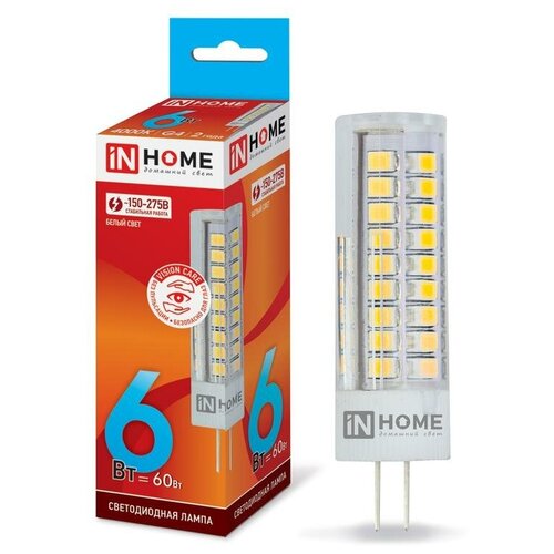 Лампа светодиодная LED-JCD 6Вт 4000К нейтр. бел. G4 570лм 230В 4690612036144 IN HOME (30шт.)