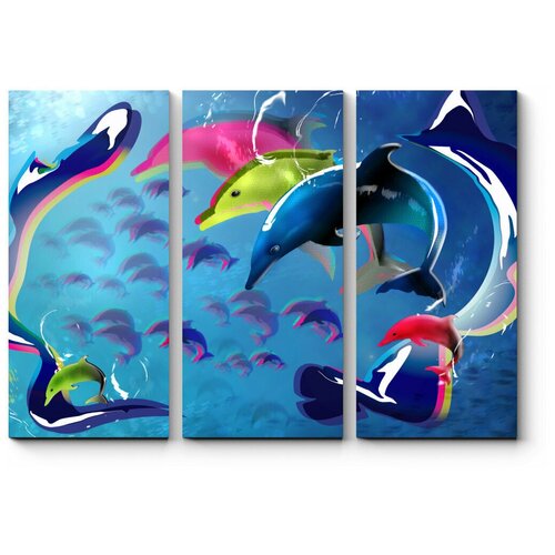 Модульная картина Разноцветные дельфины 110x79