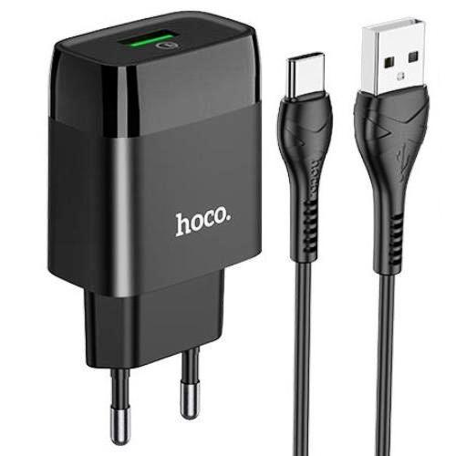 Сетевое зарядное устройство c USB Hoco C72Q, кабель USB - Type-C черное , QC 3.0