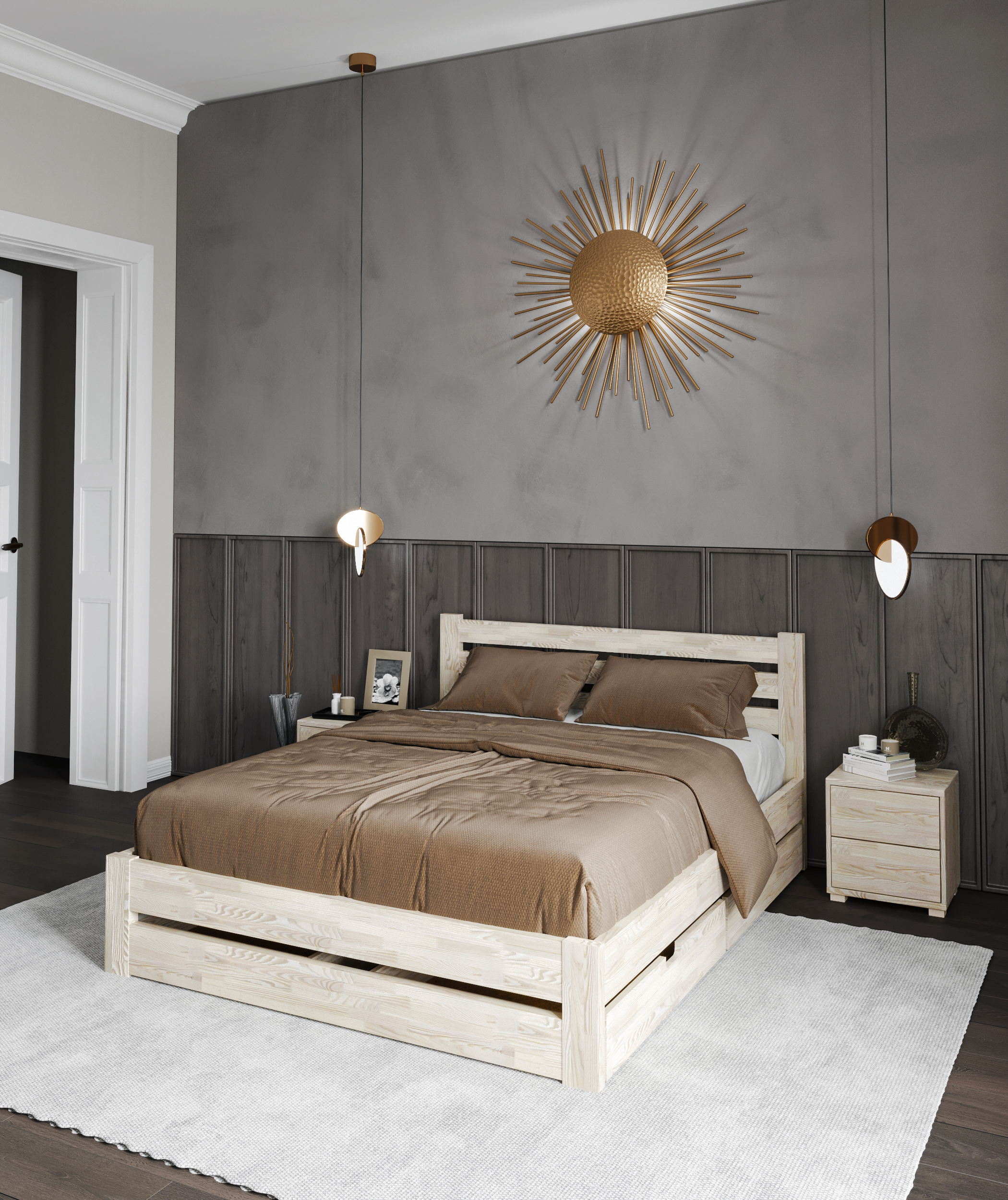 Кровать МиДа Трейд Амелия-2 с 4 ящиками 180x180 из массива сосны, без покрытия
