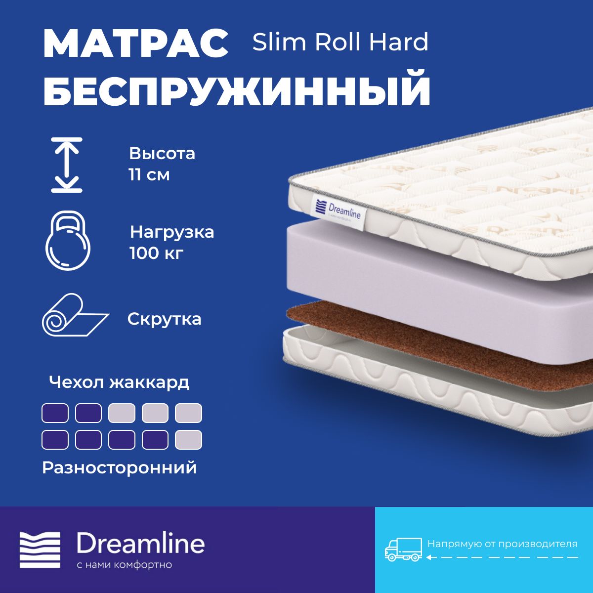 Матрас Dreamline Slim Roll Hard беспружинный 190х190 см