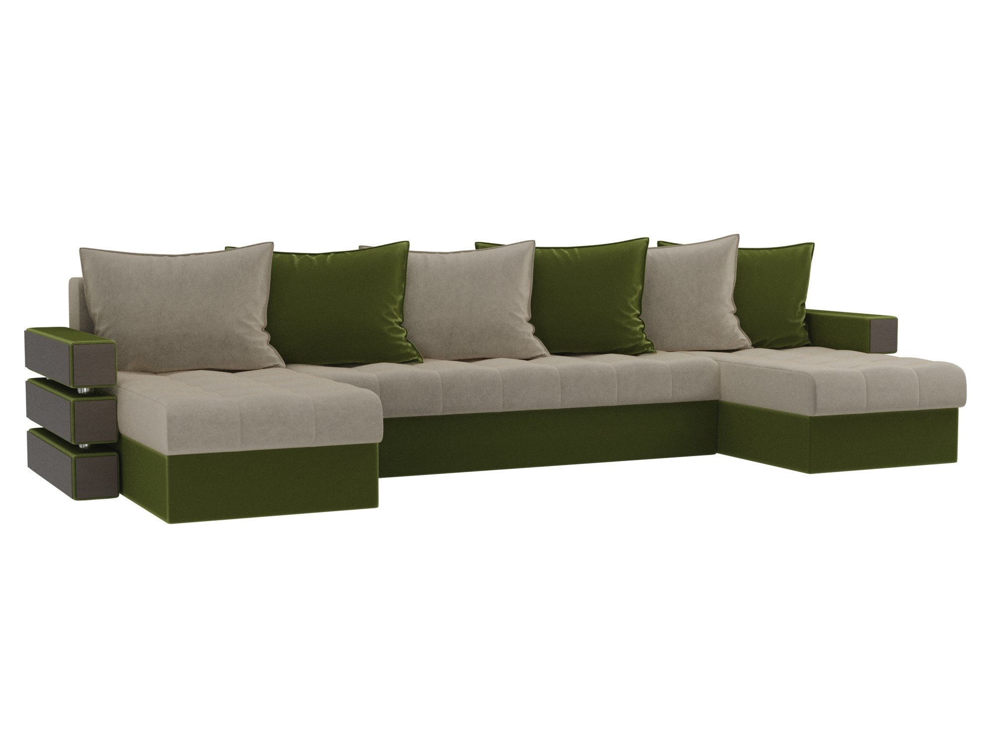 П-образный диван Венеция микровельвет бежевый/зеленый